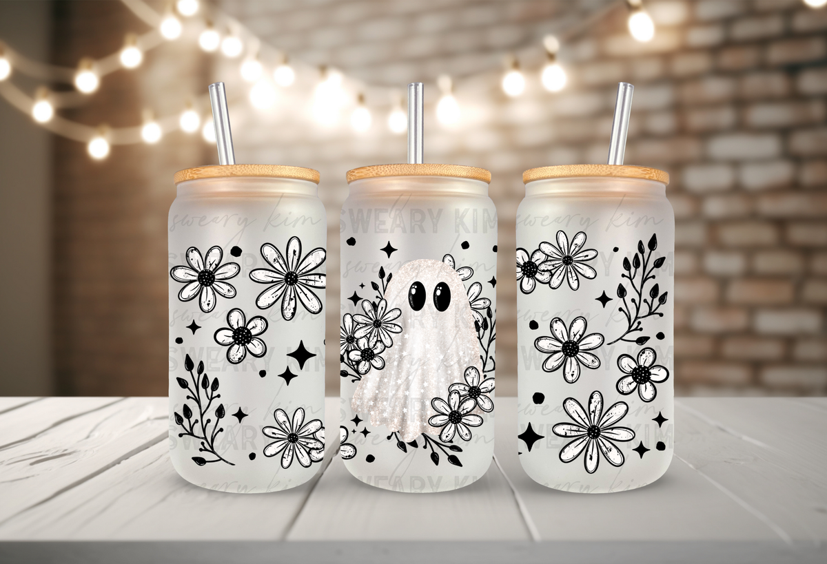 Sketched Flower Sparkle Ghost UV Dtf 16oz glass can wrap – Sweary Kim