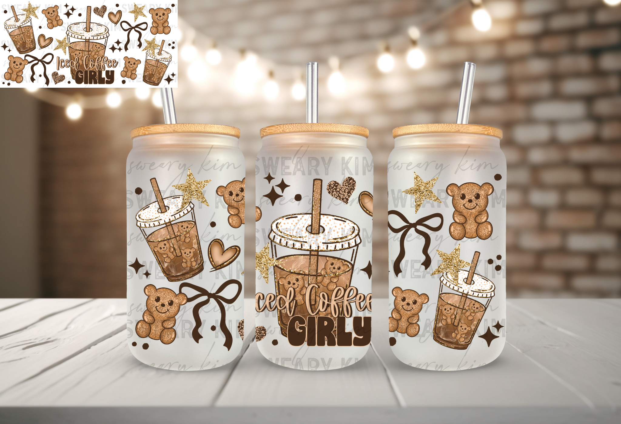 Exclusive Iced Coffee Girly Bears UV Dtf 16oz glass can wrap – Sweary Kim